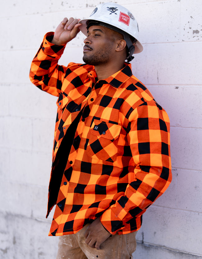 Forcefield Hi Vis Orange/Black Buffalo Plaid Quilted Flannel Shirt Jac ...